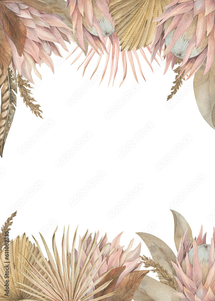 Watercolor bohemian frame with tropical leaves, proteas, dried palm ...