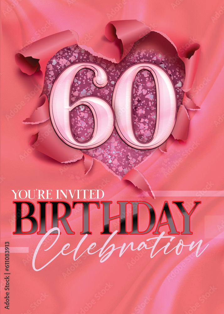60th Birthday Invitation Celebration Party Template Pink Heart Design ...