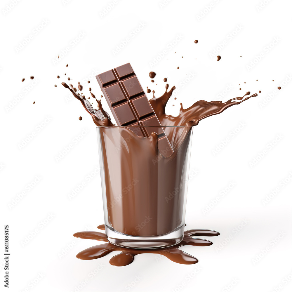 chocolate bar splashing into a glass full of liquid chocolate, creating ...