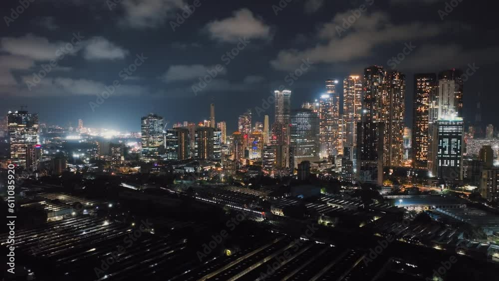 Cinematic aerial view of Mumbai's downtown night scene. Central Mumbai ...