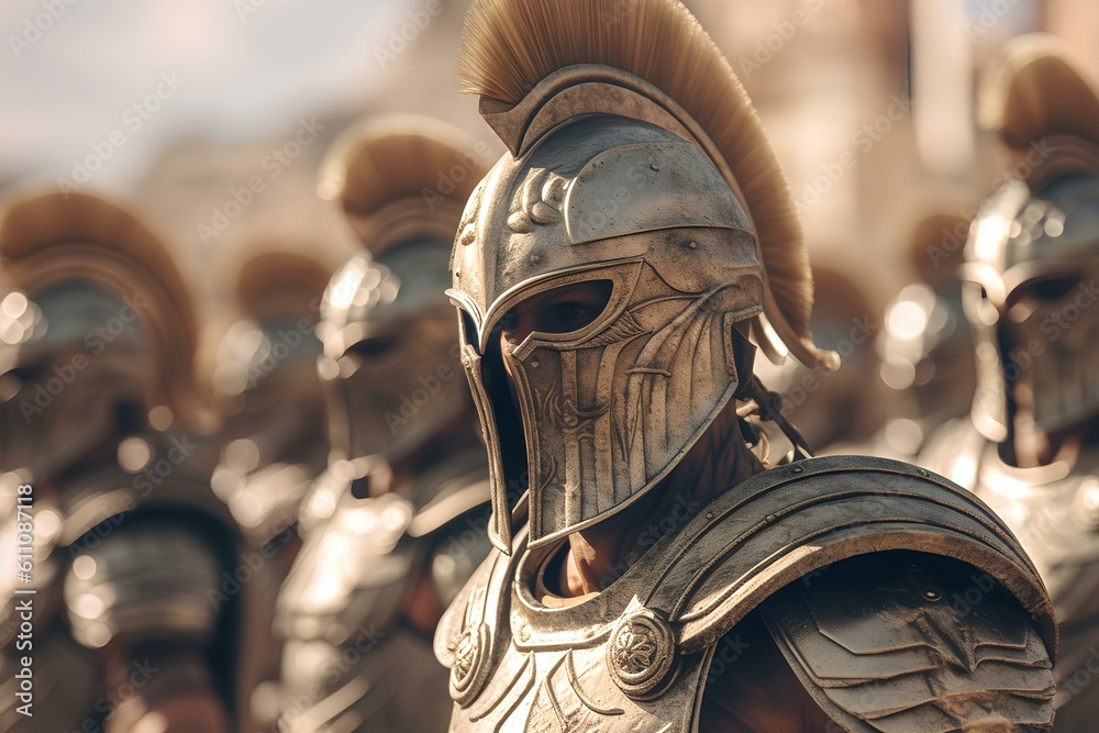 Ancient Greek spartans in steel armor preparing for battle in an ...