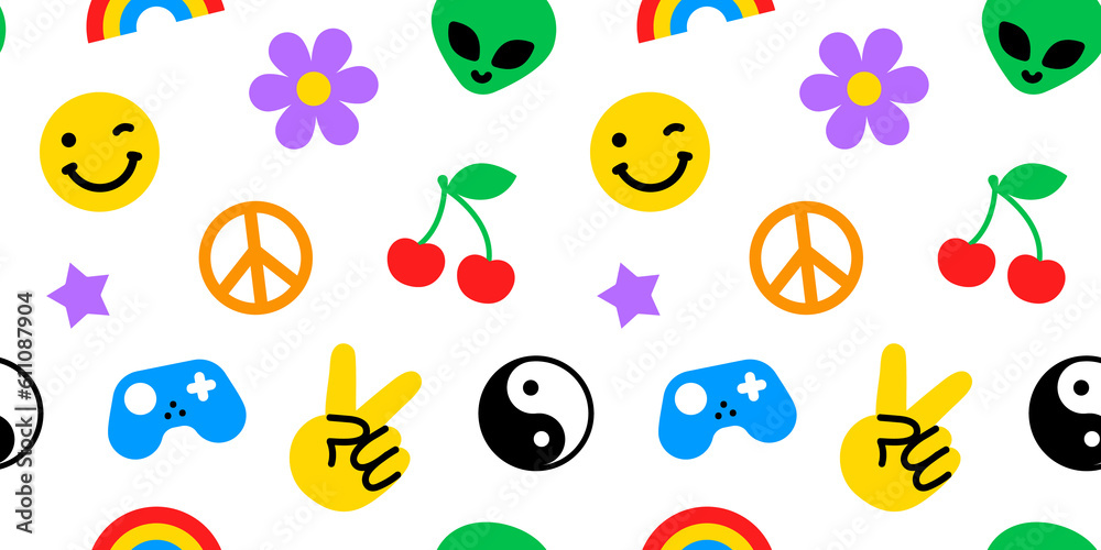 Colorful retro y2k icon seamless pattern illustration with happy faces ...