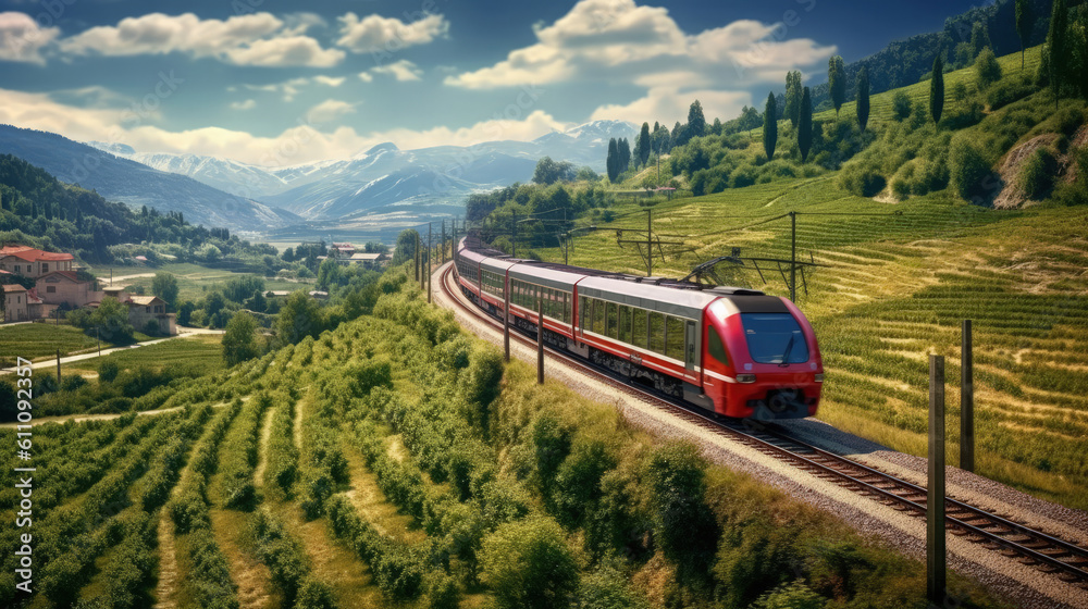 The train is steadily making its way along the track, drawing closer to ...
