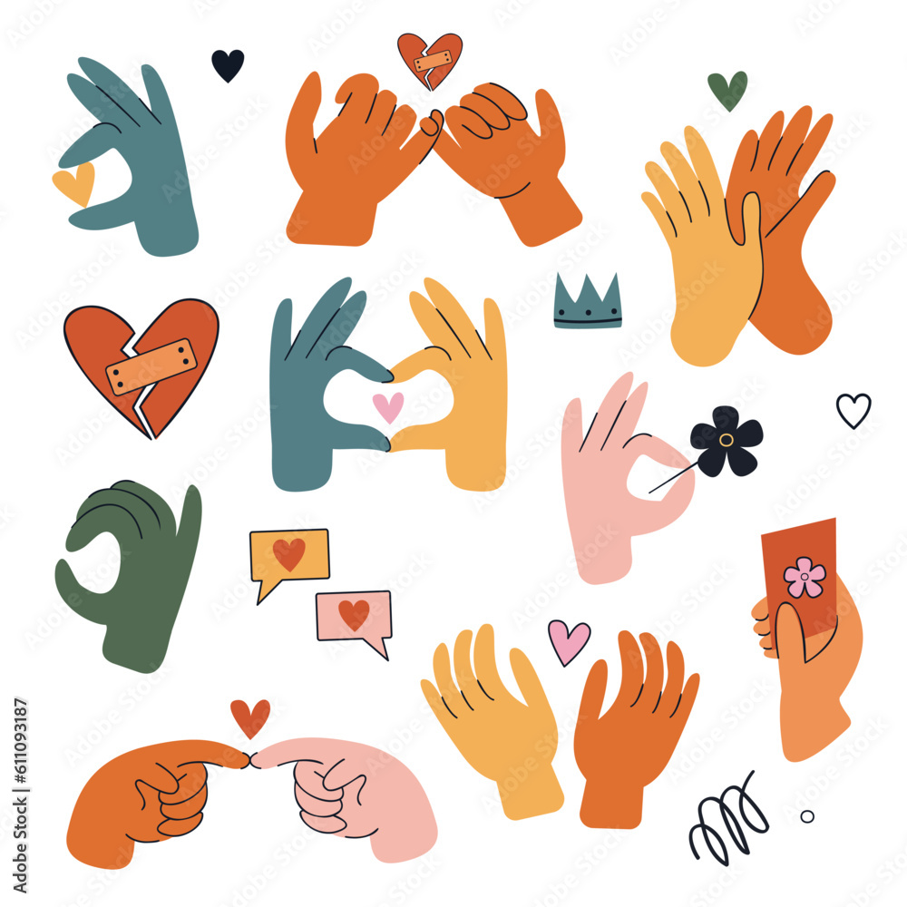 Set of colorful hands holding different objects, hearts, flowers, cards ...