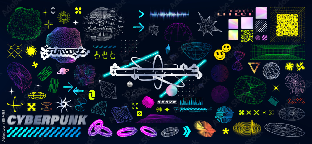 Neon and 3D shapes in Y2K style, universal geometric shapes ...