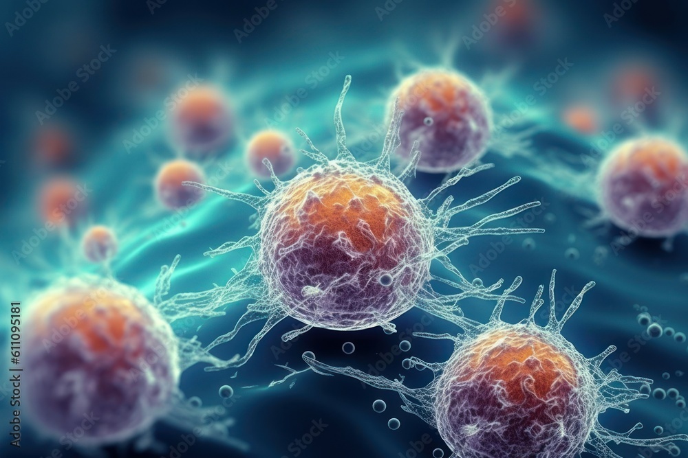 Malignant cancer cells under a microscope. AI generated, human enhanced ...