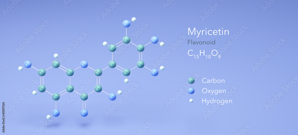 myricetin molecule, molecular structures, flavonoid, 3d model ...