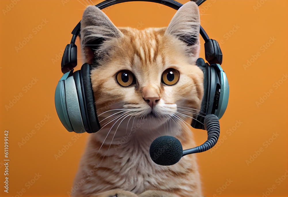 Call center employee cat. A cat with a telephone headset on its head ...