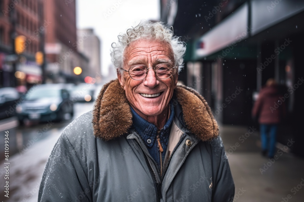 Environmental portrait photography of a grinning old man wearing a cozy ...