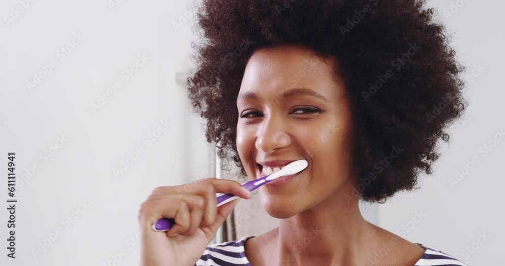 Dental, face and black woman brushing teeth in bathroom for breath ...