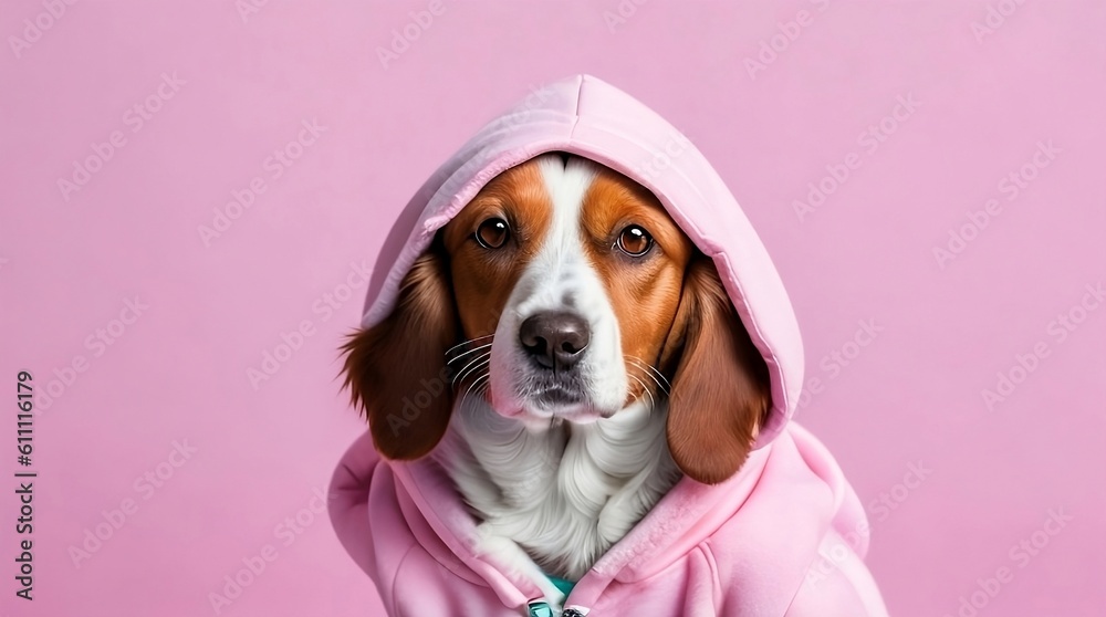 Beagle dog with pink clothes and hood, pastel background, pink ...
