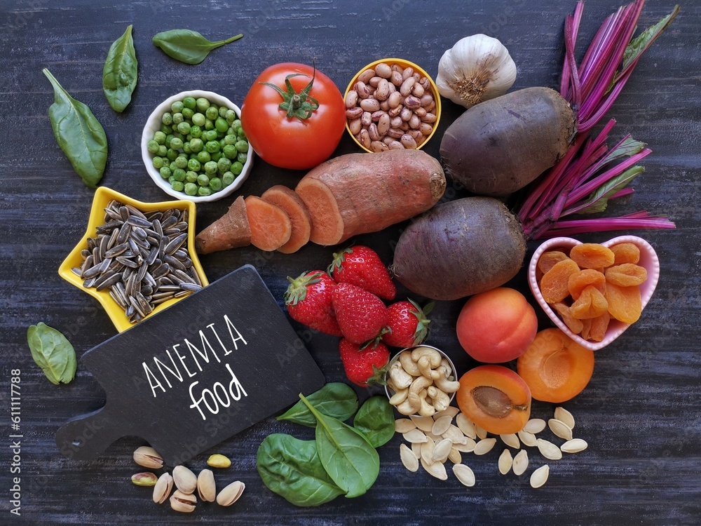 Iron rich food. Healthy food to eat in anemia. Assortment of fruits and ...