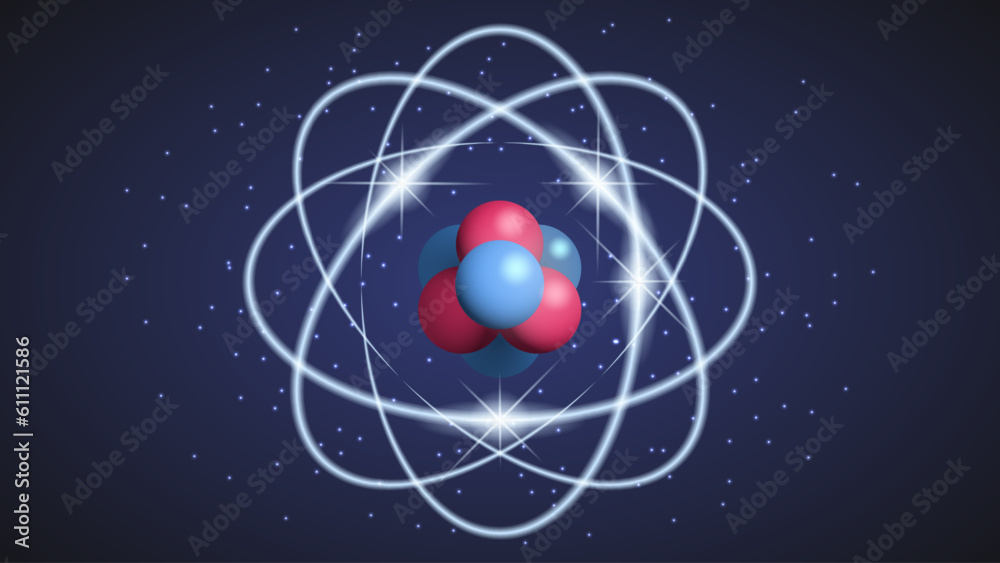 Atom isolated on dark blue background. Structure of an atom with ...