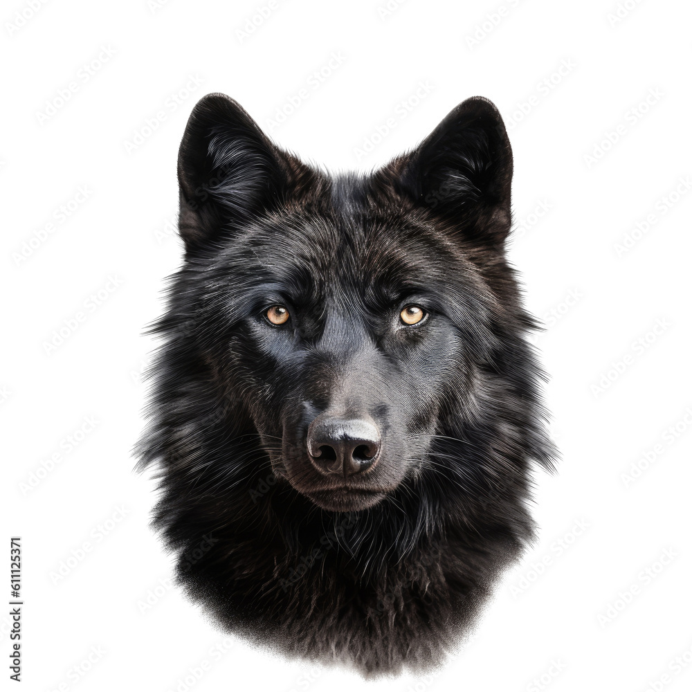 a portrait of a black wolf, frontal view in an isolated transparent PNG ...