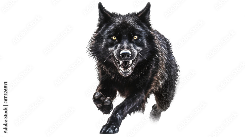 a mesmerizing, Black Wolf, running in various positions, Nature-themed ...