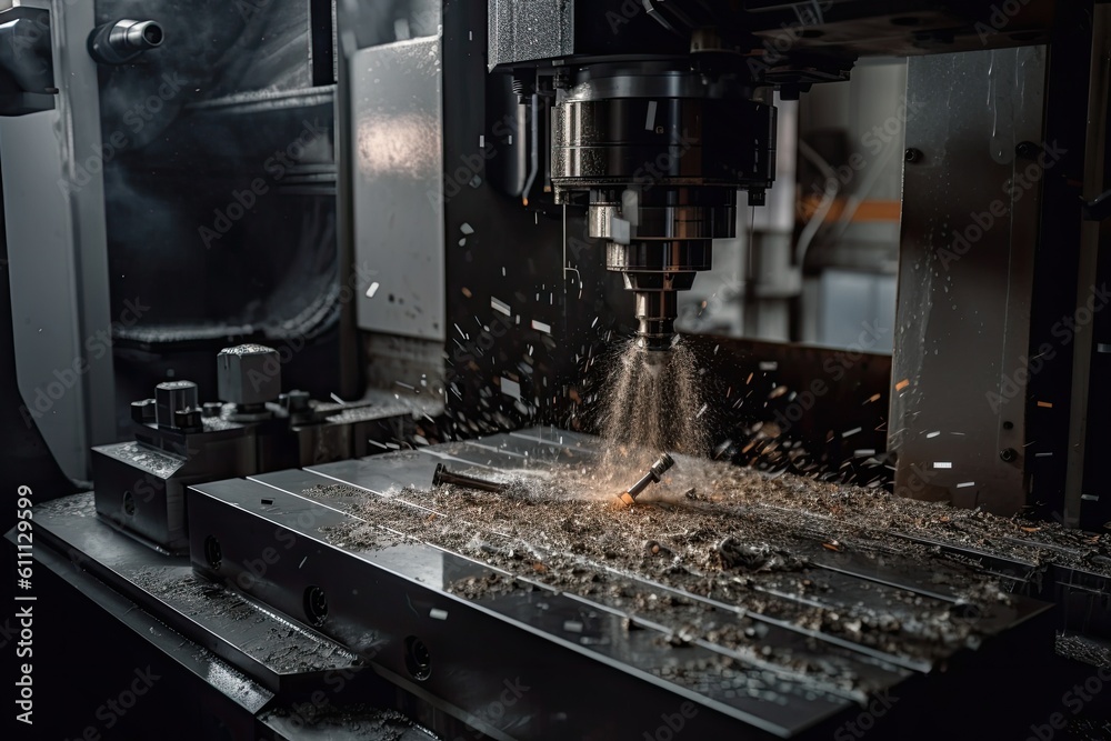 The CNC milling machine cutting the metal part with the milling tool ...