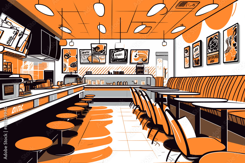 Vetor de Doodle inspired Doodle inside of fast-food restaurant, cartoon ...