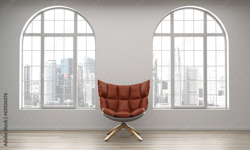 3D render armchair in a minimal interior between two windows with a ...
