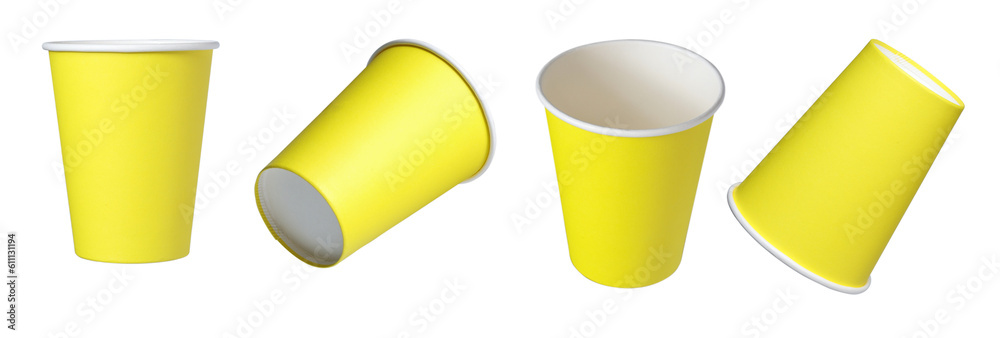 Clean cut clipping path a Set of blank, empty yellow recyclable ...