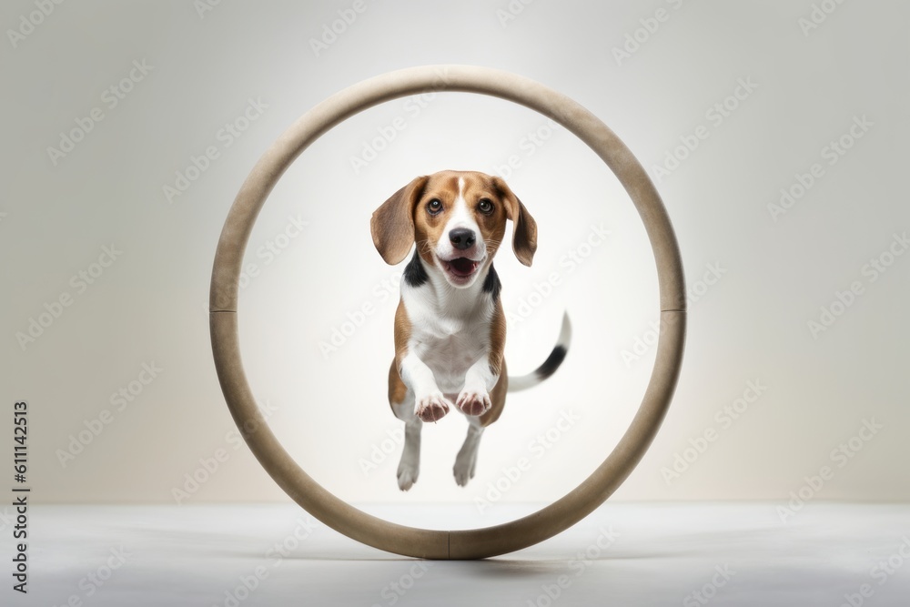 Medium shot portrait photography of a cute beagle jumping through a ...