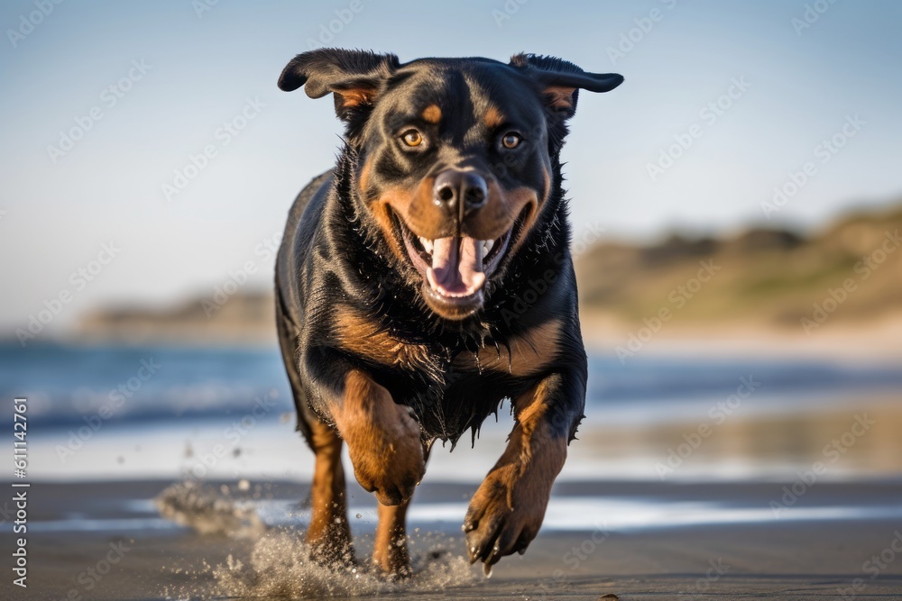 Full-length portrait photography of a curious rottweiler running ...