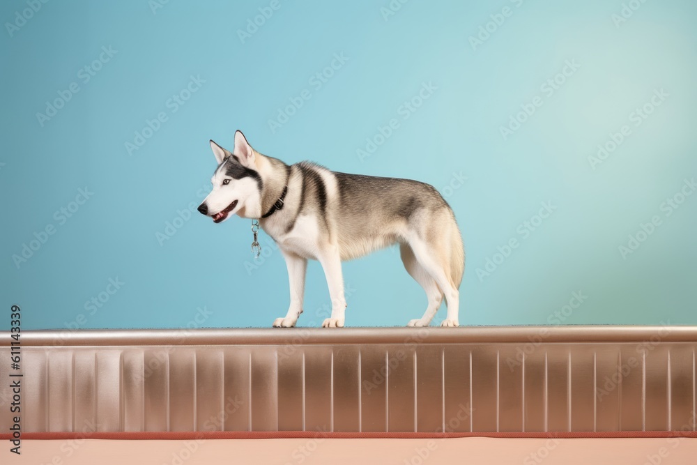 Full-length portrait photography of a curious siberian husky drinking ...