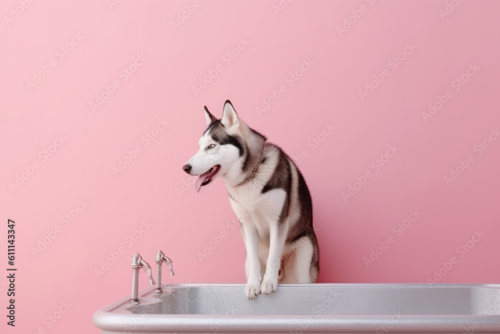 Full-length portrait photography of a curious siberian husky drinking ...