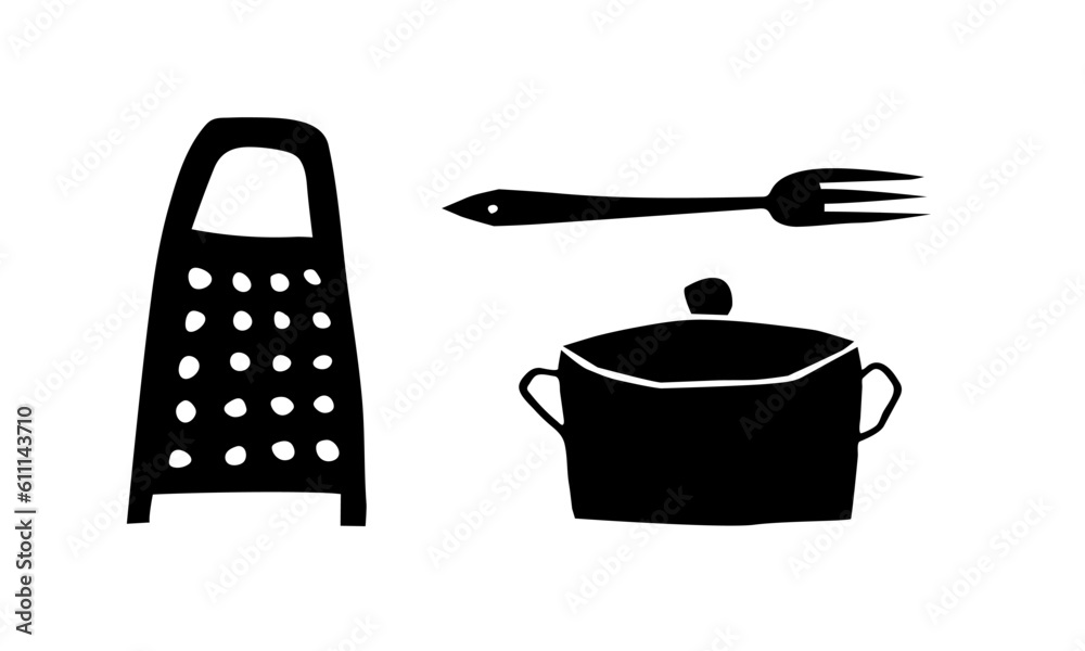 Set of vector images of pots, graters and forks. Flat, silhouette ...