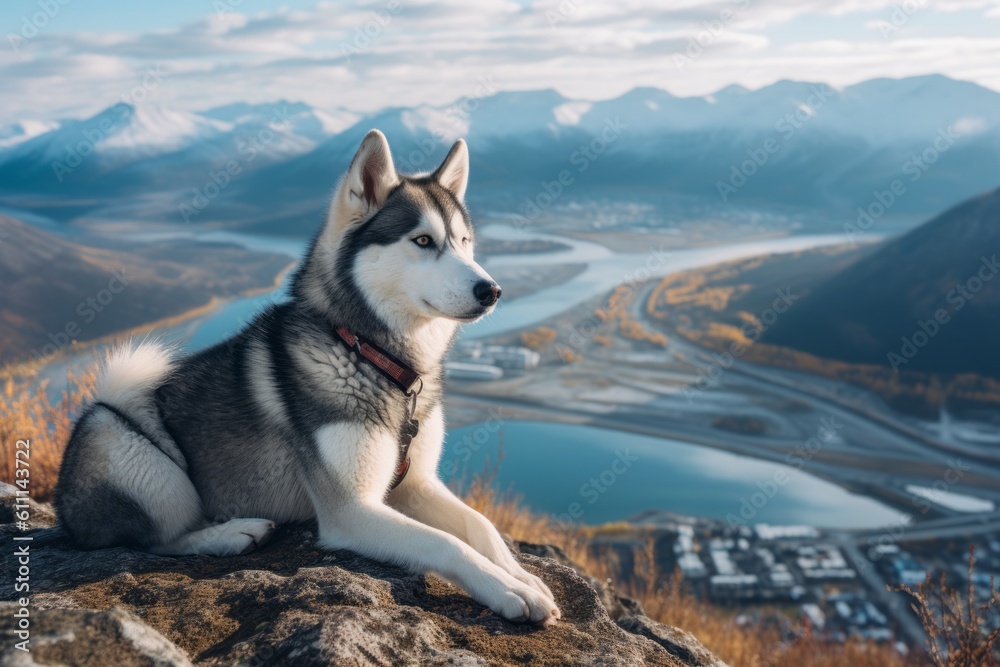 Full-length portrait photography of a curious siberian husky being on a ...