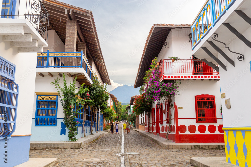village in the mountains of colombia with traditional colonial houses ...