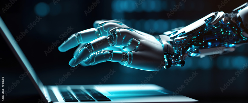 Futuristic Robot Hand Typing On Laptop Keyboard. Humanoid mechanical ...