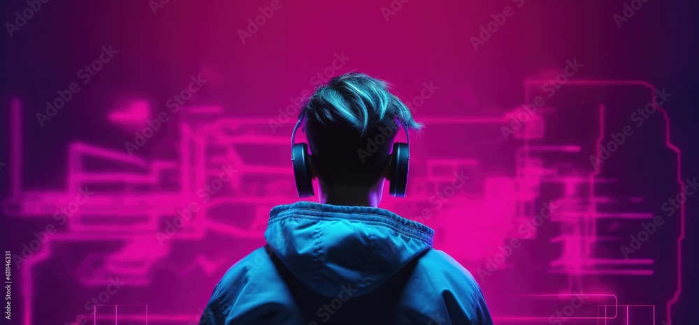 Person from behind wearing headphones in front of a huge neon monitor ...