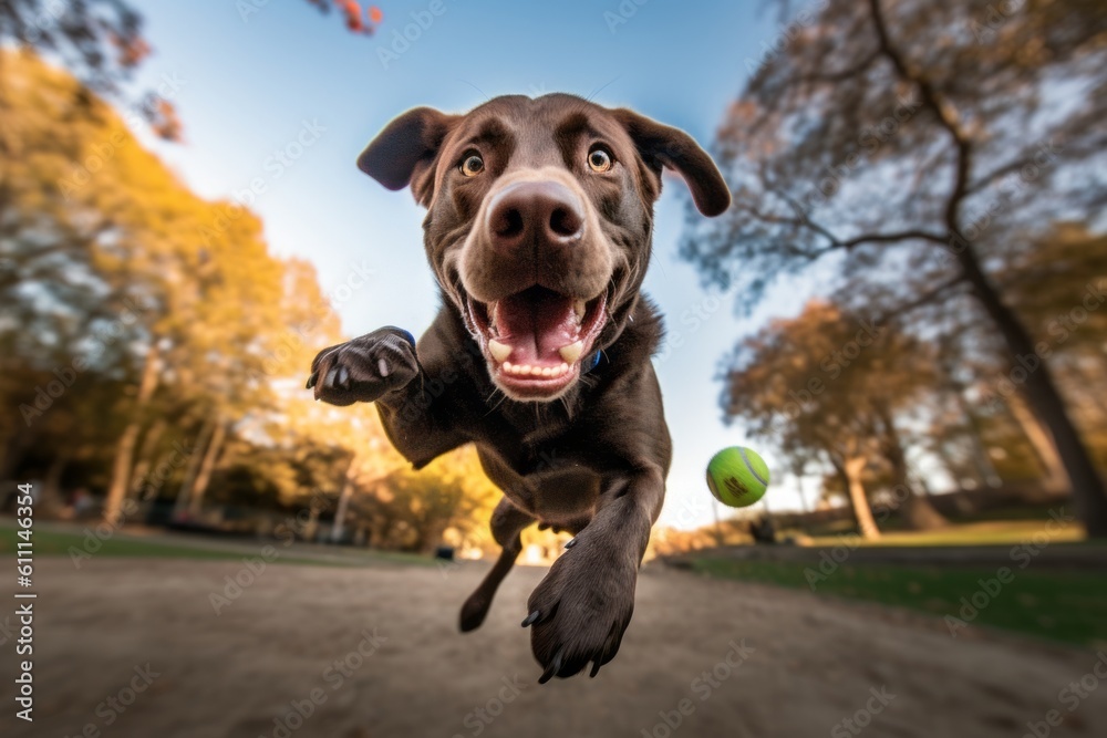 Lifestyle portrait photography of a funny labrador retriever catching a ...