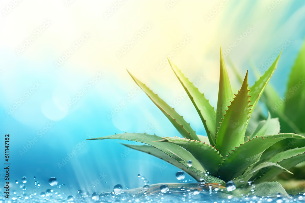 Wet aloe vera on blue background with copy space. Aloe vera plant and ...