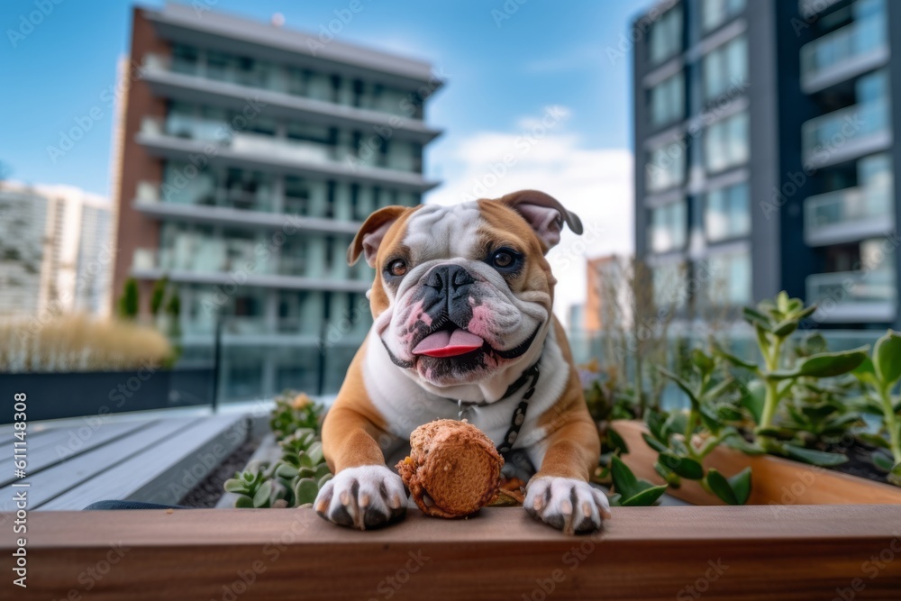 Medium shot portrait photography of a cute bulldog holding a bone in ...