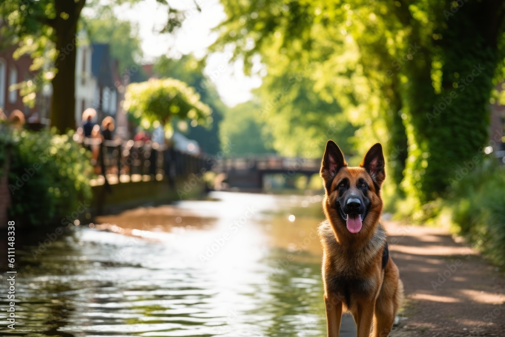 Environmental portrait photography of a happy german shepherd walking ...