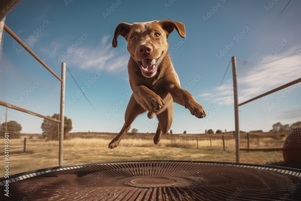 Lifestyle portrait photography of a cute labrador retriever jumping on ...