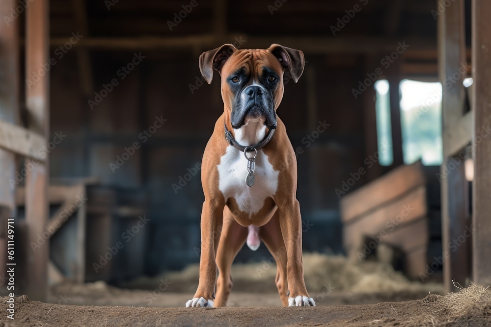 Medium shot portrait photography of a curious boxer dog standing on ...