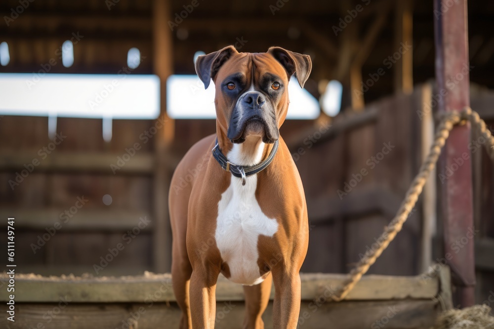 Medium shot portrait photography of a curious boxer dog standing on ...