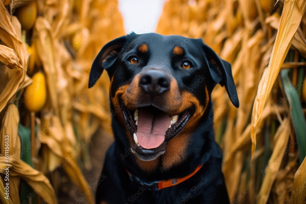 Lifestyle portrait photography of a funny rottweiler being at an art ...