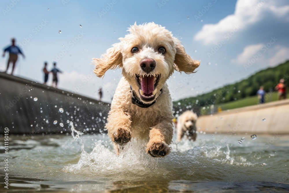 Group portrait photography of a funny poodle splashing in a pool ...