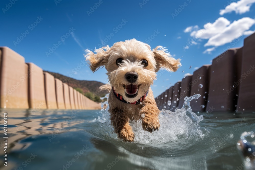 Group portrait photography of a funny poodle splashing in a pool ...