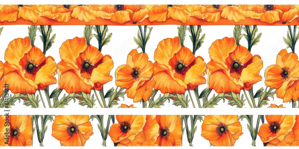 tiled watercolor orange poppy flower borders with transparent ...