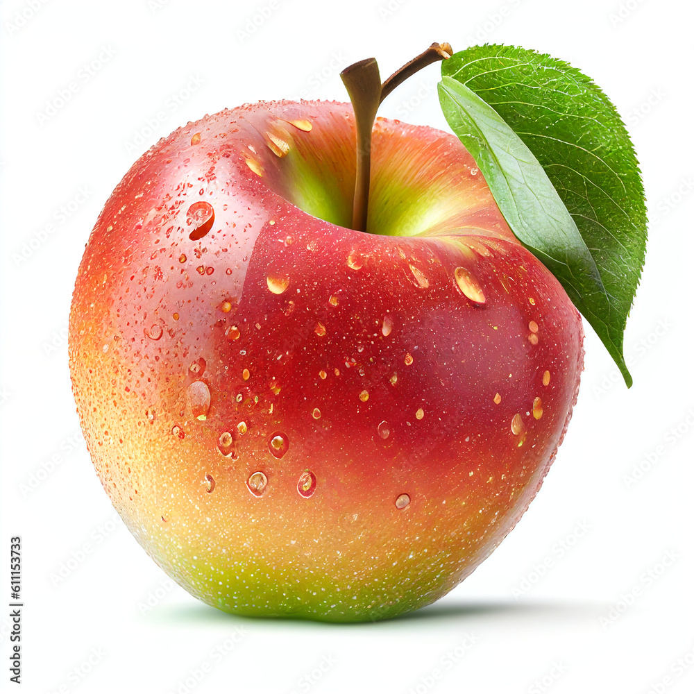 Pomme rouge fraiche avec gouttes d'eau extra lumineuse isolée en format ...