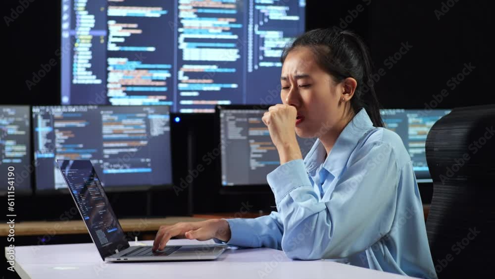 Side View Of Asian Female Programmer Yawning While Writing Code By A ...
