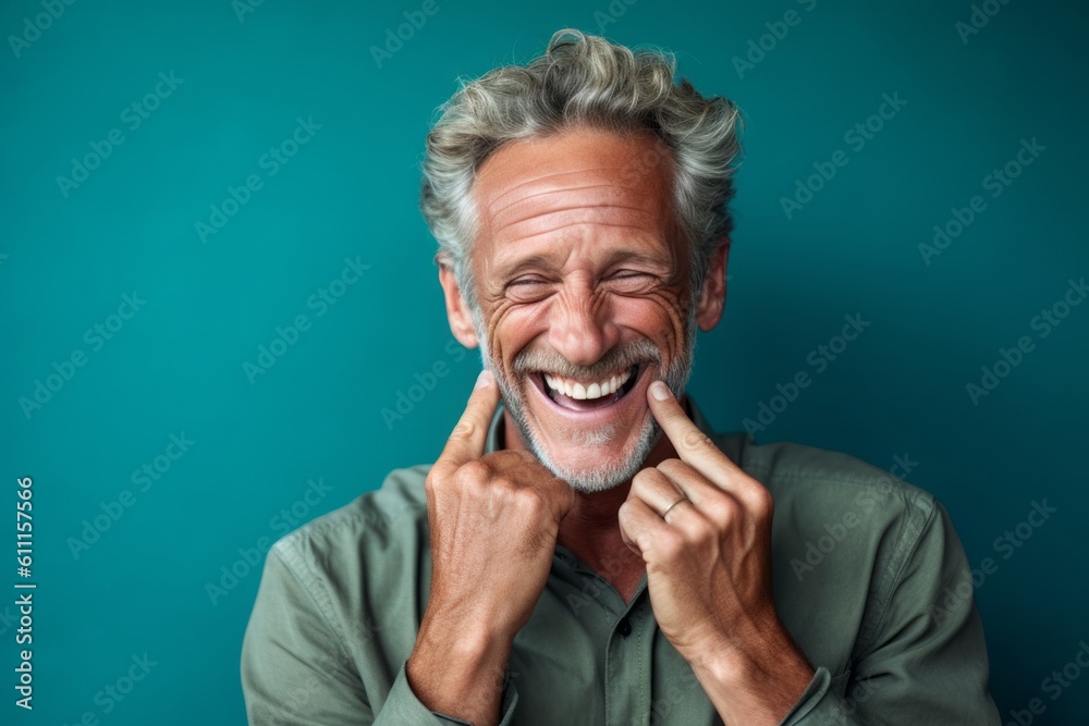 Headshot portrait photography of a grinning mature man placing the hand ...