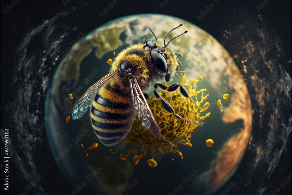 Bee with honeycomb and the world in background. Nature conservation ...