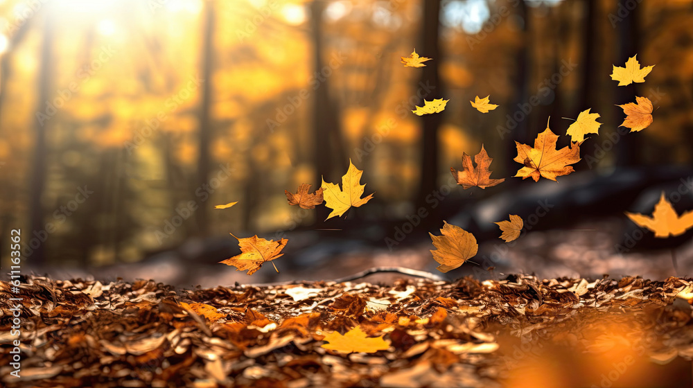 Flying fall leaves on autumn forest background, golden hour, copy space ...