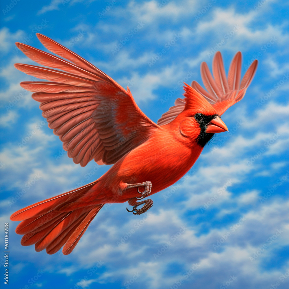Generative AI - A Northern Cardinal in flight with a blue sky ...