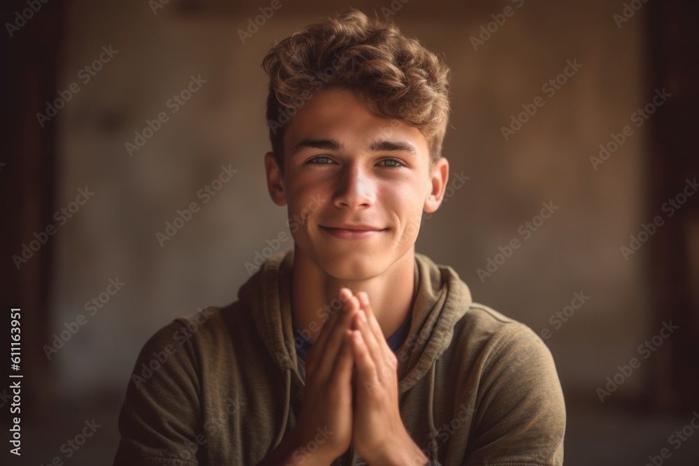 Medium shot portrait photography of a satisfied boy in his 20s putting ...